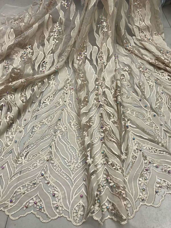 Beaded Embroidered Lace Fabric , 3D Flower Lace Mesh Fabrics For ...