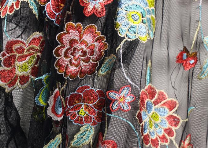 Rich Floral Embroidered Mesh Fabric For Dresses , Vintage Heavy Lace Fabric