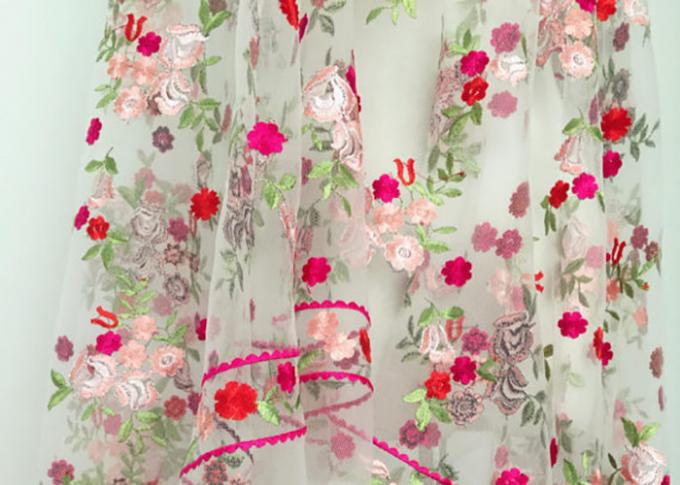 Floral Heavy Embroidered Lace Fabric , Polyester Mesh Fabric With Multi ...